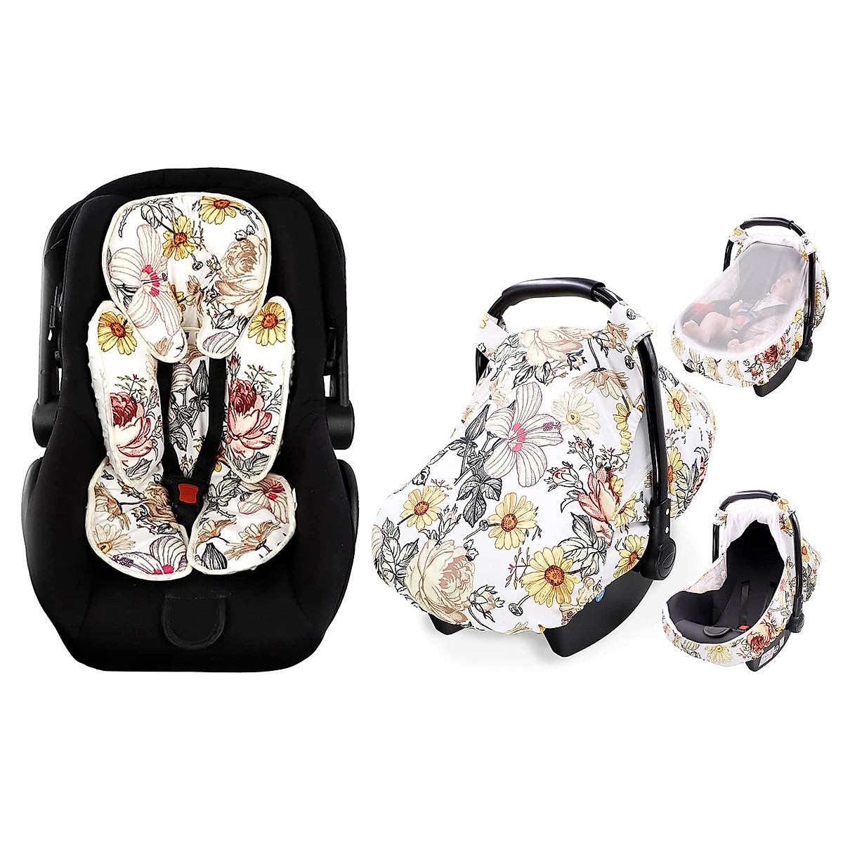 Floral Car Seat Insert,Cushion for Stroller, Swing, Bouncer, 2-in-1 Reversible, Floral Baby Car Seat Cover for Girl,Infant Carseat Canopy Sun Cover，Baby Carrier Cover with Zipped Peep Windows
