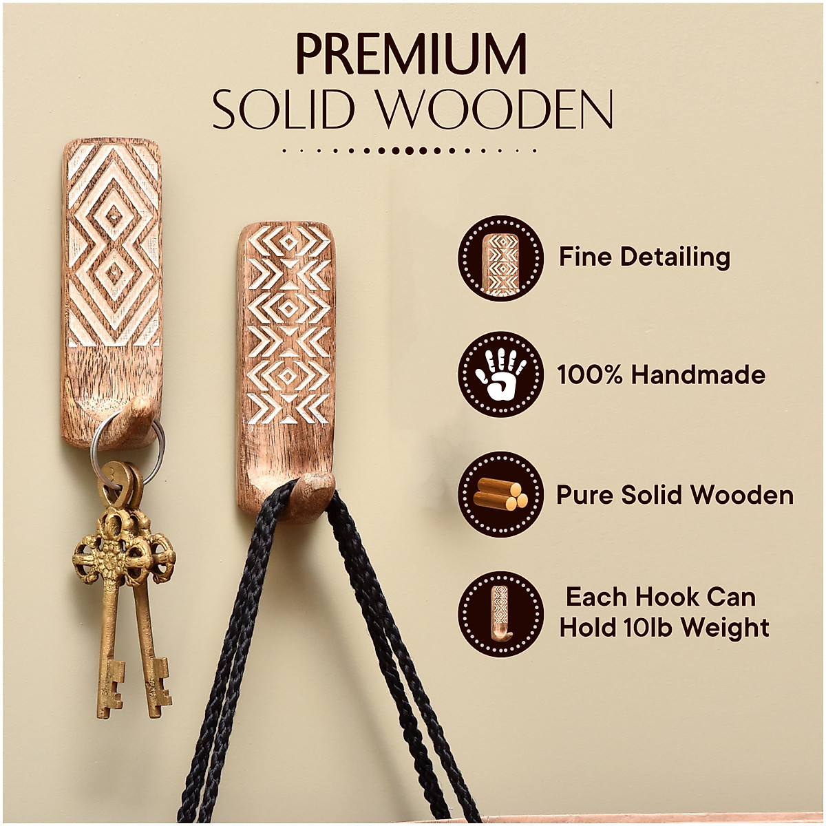 Indian Shelf 3 Pack No Damage Wood Wall Hooks- Adhesive Wall Hooks -Boho Key Decorative Wall Hooks for Hanging- Wood Hangers -Sticky Coat Hooks Wall Mount- Towel Hooks for Bathroom Wall Mounted-Style1