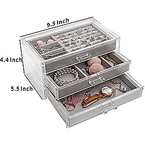 Cq acrylic Earring Jewelry Organizer with 3 Drawers Clear Acrylic Jewelry Box for Women,Stackable Velvet Earring Display Case Earrings Ring Bracelet Necklace Holder Gift for Women, Grey