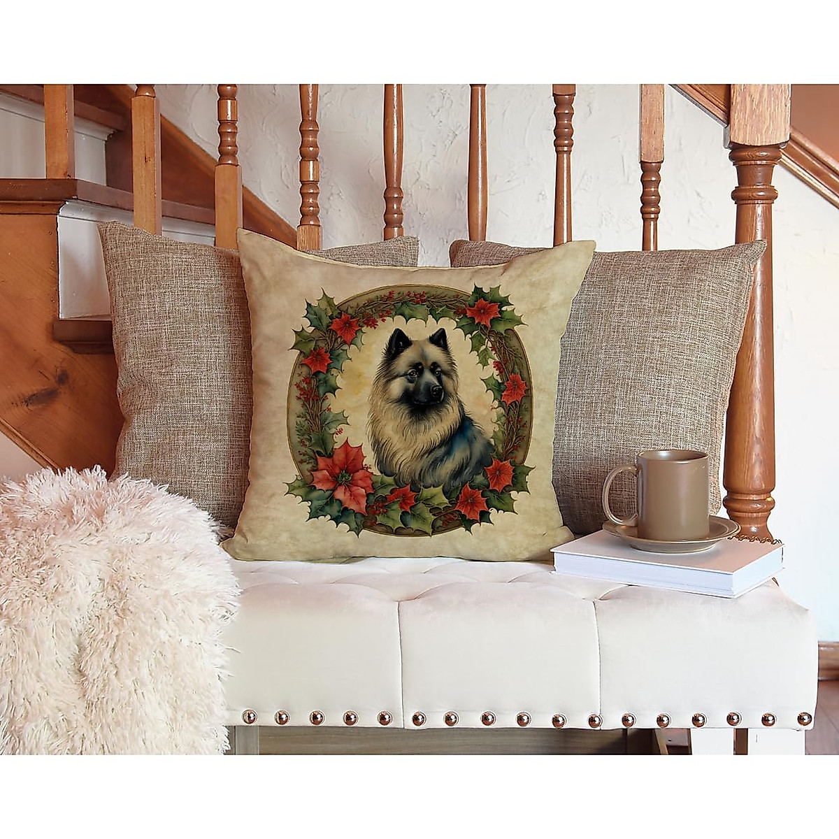 Caroline's Treasures DAC2383PW1414 Keeshond Christmas Flowers Throw Pillow Machine Washable, Indoor Outdoor Decorative Pillow for Couch, Bed or Patio, 14Hx14W