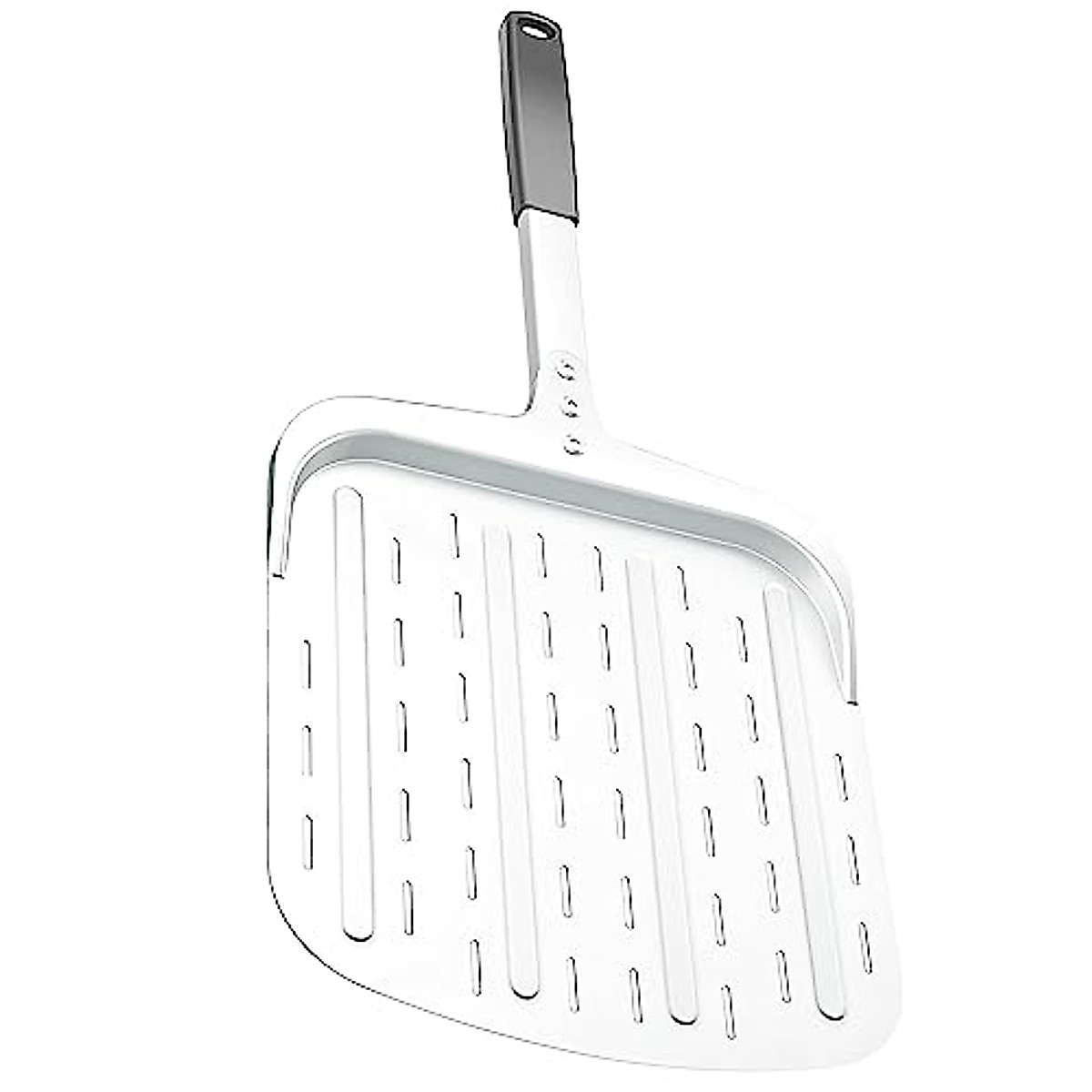 Perforated Pizza Peel 12-inch, Hard Anodized Aluminum Metal Pizza Spatula Paddle (12'' x 13.7''), Pizza Turning Peel, with Long and Heat Resistant Silicone Handle, Pizza Oven Accessories