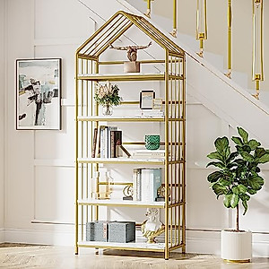 Tribesigns 5-Tier Bookshelf, 75 Inch Arched Faux Marble Bookcase Book Shelf, Modern Bookshelves Plant Stand Rack, Freestanding Display Shelf Organizer Rack for Living Room, Bedroom, White & Gold