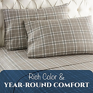 Thermee Micro Flannel Full-Size Sheet Set, Machine Wash & Dry, No Pilling, 16" Deep Pocket, 2 Pillowcases, Fashion Plaid Bark