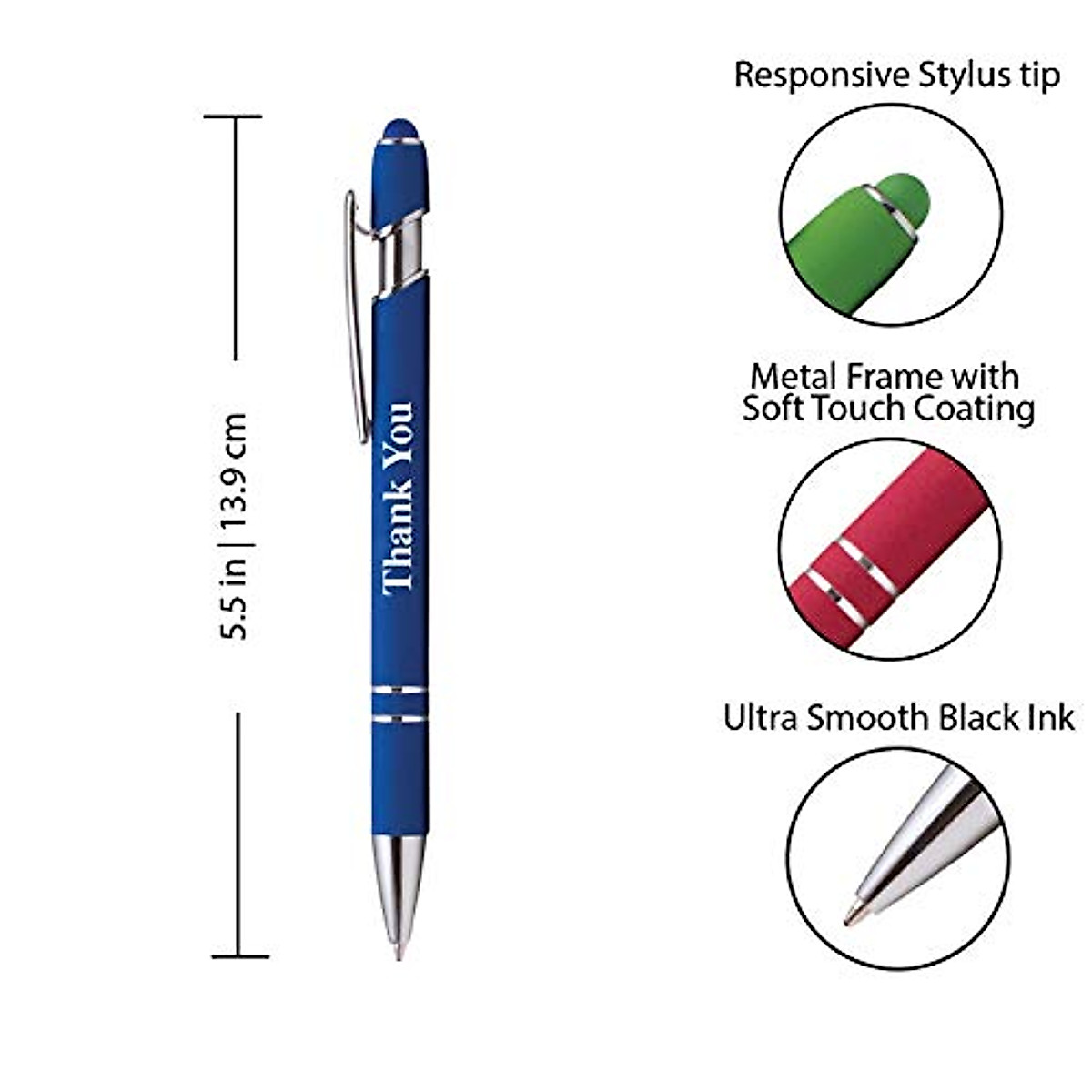 "Thank You" Premium Gift Stylus Pens For All TouchScreen Devices - Metal Soft Touch - 2 in 1 Combo Pen for Events, Parties, Employee Appreciation & More (40 Pack)
