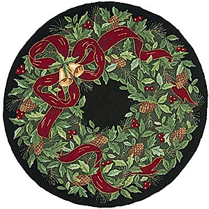 SAFAVIEH Vintage Poster Collection Area Rug - 6' Round, Black & Green, Handmade Christmas Wreath Novelty Wool, Ideal for High Traffic Areas in Living Room, Bedroom (VP323A)