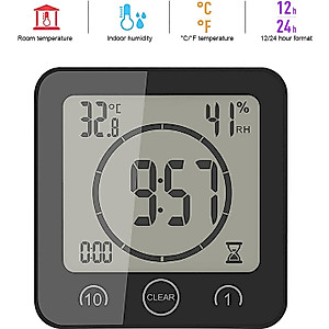 Shower Clock Waterproof Wall Clock Bathroom Clock Sunsbell Shower Cock Digital Temperature Humidity Display with Suction Cup, Touch Screen Timer for Kitchen Bathroom