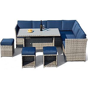 AVAWING 7 Pieces Patio Furniture Sets, Outdoor Dining Sectional Rattan Couch Sofa w/Ottoman Chairs, All-Weather Wicker Conversation Set for Lawn, Backyard, Garden, Poolside, Balcony, Blue