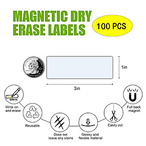 STTMGN Dry Erase Magnetic Name Tags,Magnets for Classroom(1x3",Pack of 100),Write On Labels,Waterproof/Reusable for Office&File Cabinet&Whiteboard&Fridge(White)
