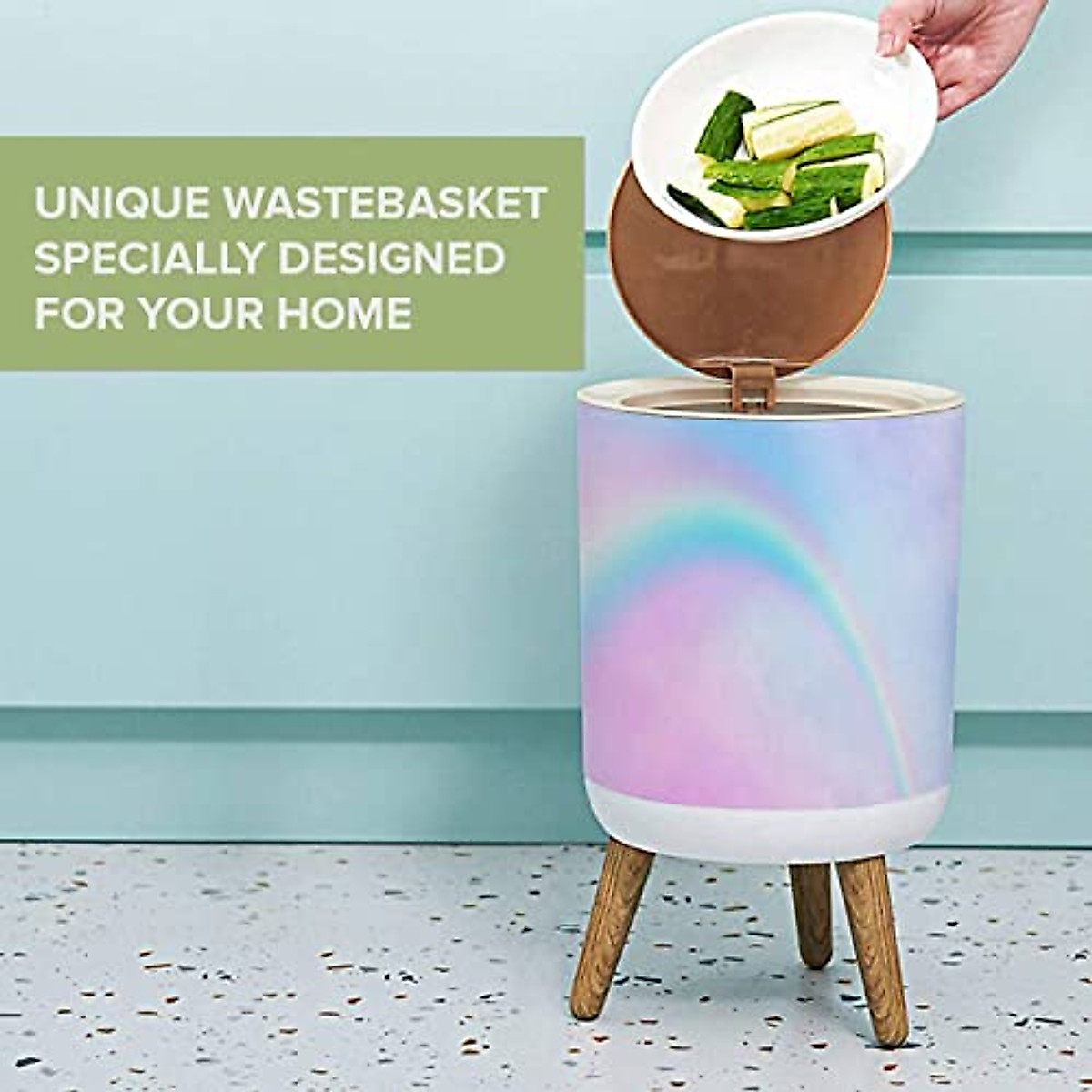 Small Trash Can with Lid Boho Rainbow fantasy magical landscape on sky abstract big volume texture Garbage Bin Round Waste Bin Press Cover Dog Proof Wastebasket for Kitchen Bathroom Living Room 1.8 Gallon