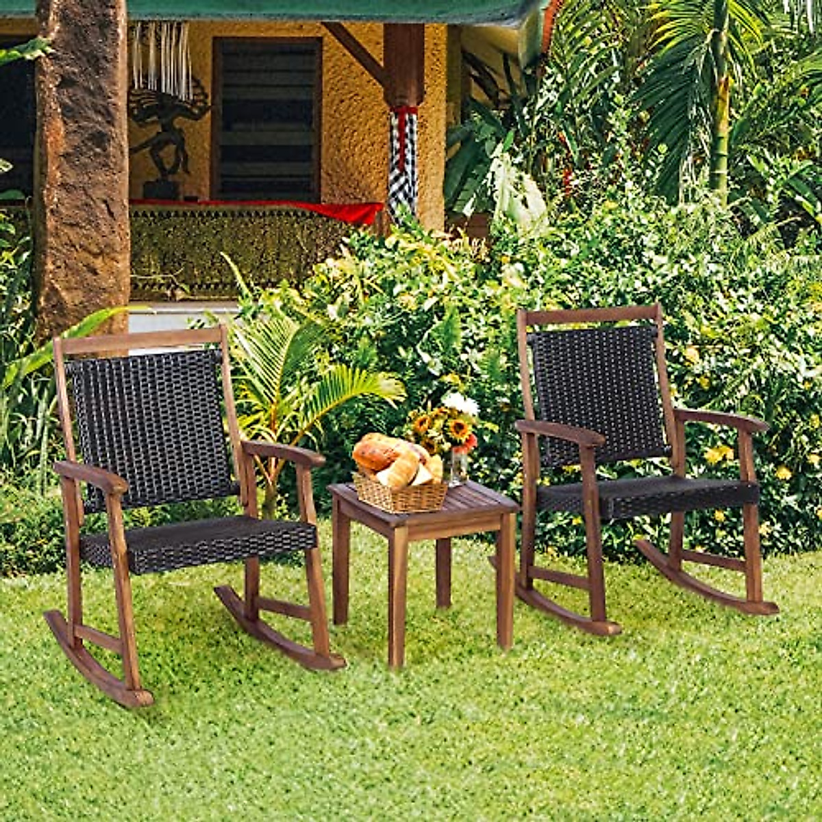 Tangkula 3 Pieces Patio Rocking Chair Set, Patiojoy Acacia Wood Rocker with Side Table, Outdoor Rocking Chairs with Wicker Rattan Seat & Backrest, Rocking Bistro Set for Garden, Backyard, Poolside