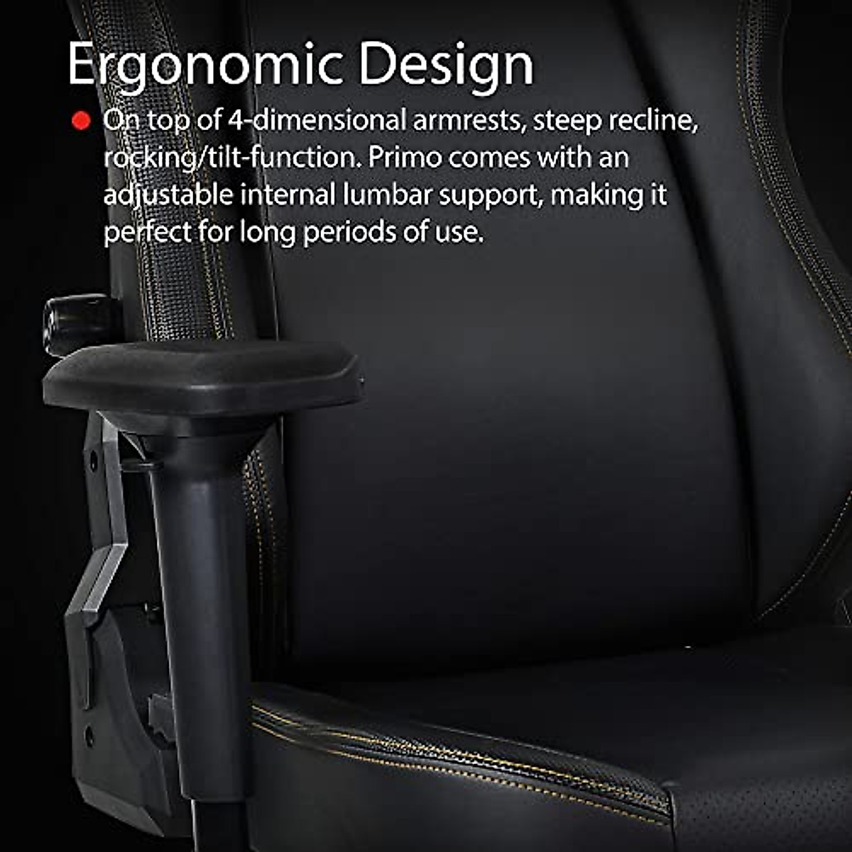 Arozzi Primo Premium PU Leather Gaming Chair Office Chair with Recliner Swivel Tilt Rocker Adjustable Height 4D Armrests Neck Pillow and Built-in Lumbar Adjustment - Black with Gold Accents