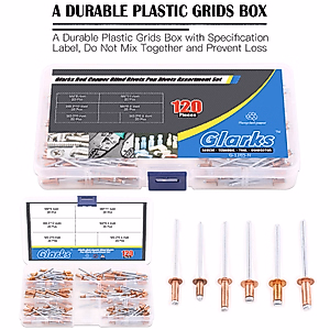 Glarks 120Pcs 6 Size Red Copper Blind Rivets Pop Rivets Assortment Set for Sheet Metal, Automotive, Railway, and Furnitures