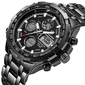 GOLDEN HOUR Luxury Stainless Steel Analog Digital Watches for Men Male Outdoor Sport Waterproof Big Heavy Wristwatch (Black)