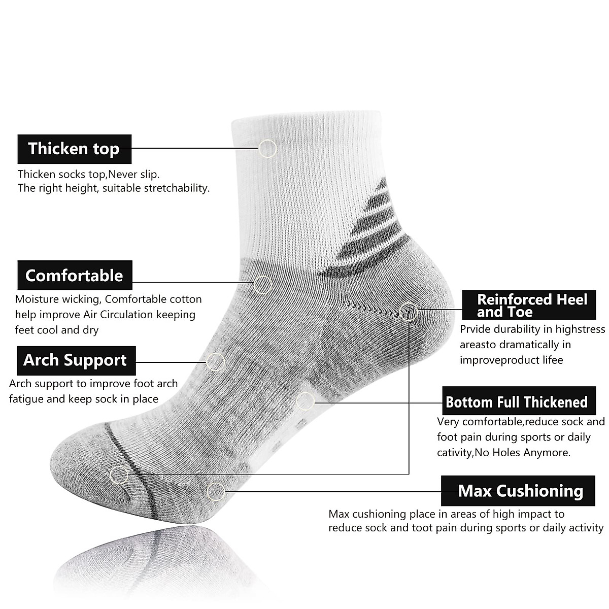 J.WMEET Women's Athletic Ankle Socks Quarter Cushioned Running Socks Hiking Performance Sport Cotton Socks 6 Pack (3 Light grey + 3 Dark grey)