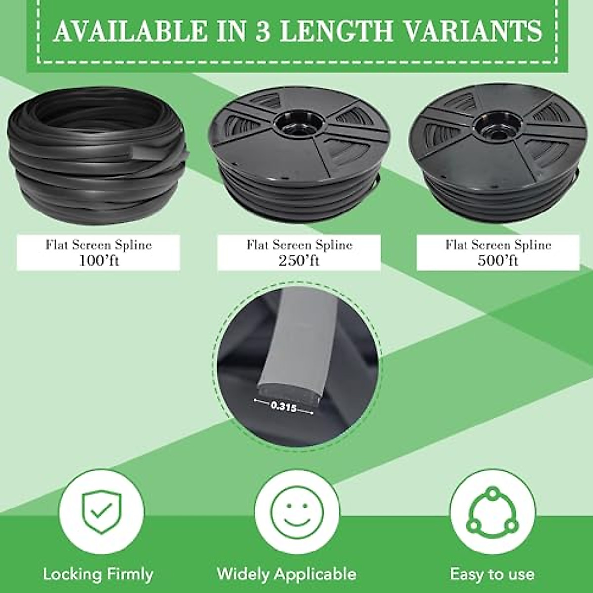 Flat Screen Spline - 0.315", 100 Feet Roll - Flat Screen Retainer Spline - Bulk Screen Holder Spline for Door, Window Mesh & Mosquito Net Fixing - Screen Door Repair & Replacement Spline - Black