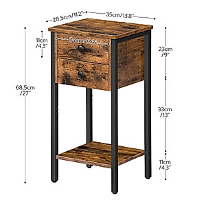 HOOBRO Tall Nightstand, Bedside Table with 2 Drawers and Storage Shelf, Industrial Telephone End Table for Study, Bedroom, Side Table Space Saving, Easy Assembly, Rustic Brown and Black BF72BZ01