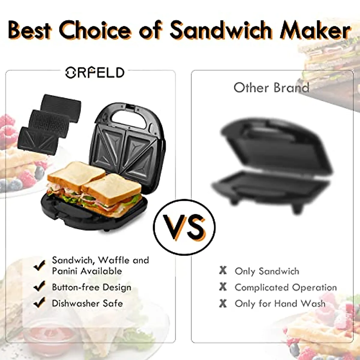 ORFELD Sandwich Maker, Waffle Maker, Panini Press Grill 3 in 1, with Non-Stick Removable Plates, Fast and Even Heating, Portable Handle, LED Indicator Lights, for Breakfast and Christmas Gift, Silver
