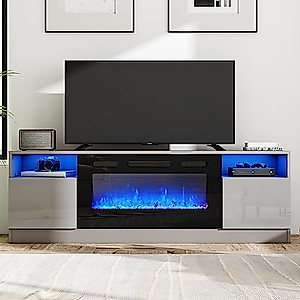 AMERLIFE TV Stand with Fireplace, LED Light Entertainment Center with 36" Electric Fireplace, 70" Modern Wood Entertainment Stand with Highlight Storage Cabinet for TVs up to 80", Grey