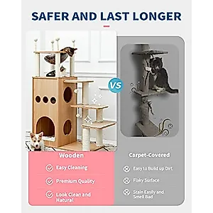 Made4Pets Modern Cat Tree for Large Cat, Wood Cat Tower Heavy Duty with Scratch Post for Indoor Big Cats, 51" Extra Tall Cat Condo Sturdy Frisco Castle with Clear Bowl for Kittens Maine Coon 20Lbs
