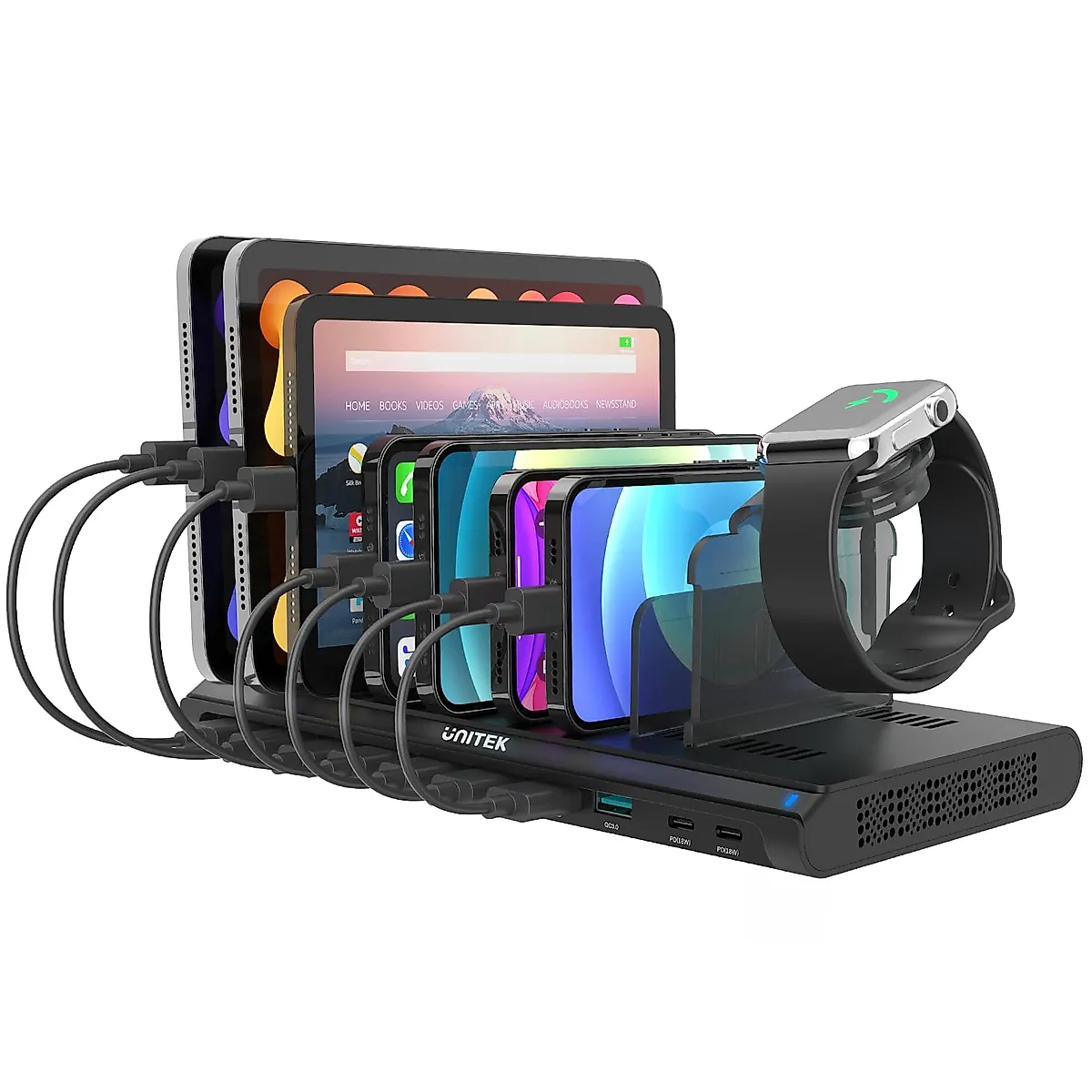 Multi USB Charging Station Unitek 96W 10 Ports Fast Charging Dock with 2 QC 3.0 & 2 PD 18W Charger Station Organizer for Multiple Devices Designed for iPad, iPhone, Tablet, iwatch, Laptop