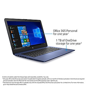 HP 2022 Stream 14" HD Slim and Light Laptop, Intel Celeron N4000 Processor, 4GB RAM, 64GB eMMC, HDMI, Wi-FI, Webcam, Bluetooth, 1 Year Office 365, Windows 10 S, Royal Blue, IFT 32GB Flash Drive
