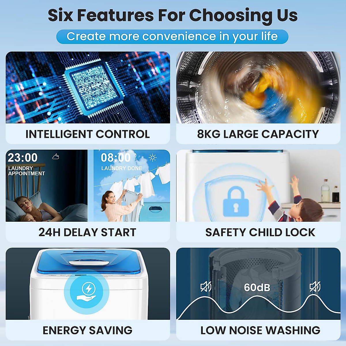 Nictemaw Portable Washing Machine 17.8Lbs Portable Washer 2.3 Cu.ft Full Automatic Washer and Dryer Combo with 8 Programs 3 Water Temps 3 Water Levels, Drain Pump, Wheels, for Apartment Home RVs