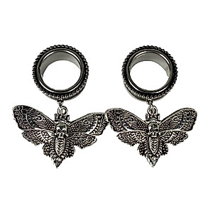 Pair of 316L Steel Screw on Tunnels with Death Moth Dangle (PS-294) (1/2" (12mm))