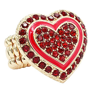 Lavencious Heart Shaped Rhinestones Stretch Rings for Women Size for 7-9(Red)