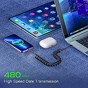 Coiled Lightning Cable Carplay[Apple Mfi Certified], USB to Lightning Cable Fast Data Sync with LED, Short Retractable iPhone Charger Cord for Car Compatible with iPhone 14/13/12/11 Pro Max/Pro/Xs Max