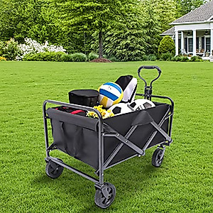 Collapsible Folding Outdoor Utility Wagon, Heavy Duty Foldable Camping Cart, Garden Tool Collection Utility Trolley with Adjustable Handle & Mesh Cup Holder for Garden Camping Picnic