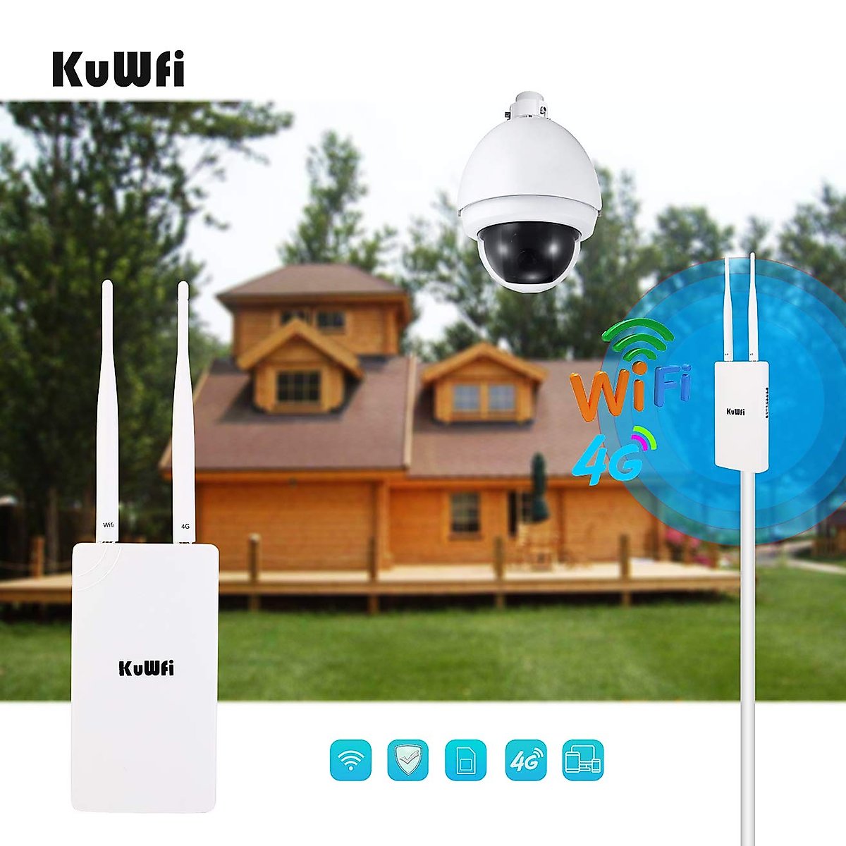 KuWFi Waterproof Outdoor 4G LTE CPE SIM Card WiFi Router 150Mbps CAT4 SIM LTE Routers Work with IP Camera or Outside WiFi Coverage with 2pcs Antenna Only Work with SIM Card Mode Not for USA