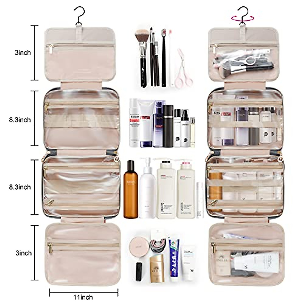 BELLSPIN Toiletry Bag Womens Clear Travel Makeup Bags with Hanging Hook, Travel Makeup Organizer Cosmetic Bag for Travel Toiletries and Shower Accessories(Shell Pink)