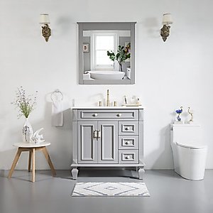 WELLFOR 36" Bathroom Vanity with Sink and 32" Mirror Set, Large Wood Vanity Combo with Doors and Drawers, Freestanding Bath Vanity Cabinet in Titanium Grey with Quartz Countertop and Certified Sink