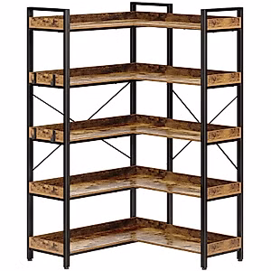 Rolanstar Bookshelf 5 Tier with 4 Hooks, Reversible Corner Bookshelf, 65" Industrial Wooden Bookcase with Open Shelves and Metal Frame for Living Room, Bedroom, Home Office, Rustic Brown