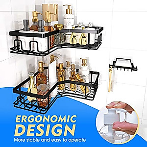 WinDerMo Corner Shower Shelves Caddy, Bathroom Shower Shelf with Soap Rack and 12 Hooks Organizer Storage Matte Black No Drilling Stainles Steel Large Capacity, 3pcs