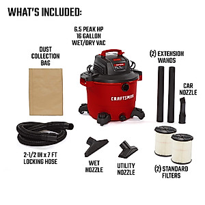 Craftsman CMXEVBE17595 16 Gallon 6.5 Peak HP Wet/Dry Vac, Heavy-Duty Shop Vacuum with Attachments and Additional General Purpose Filter