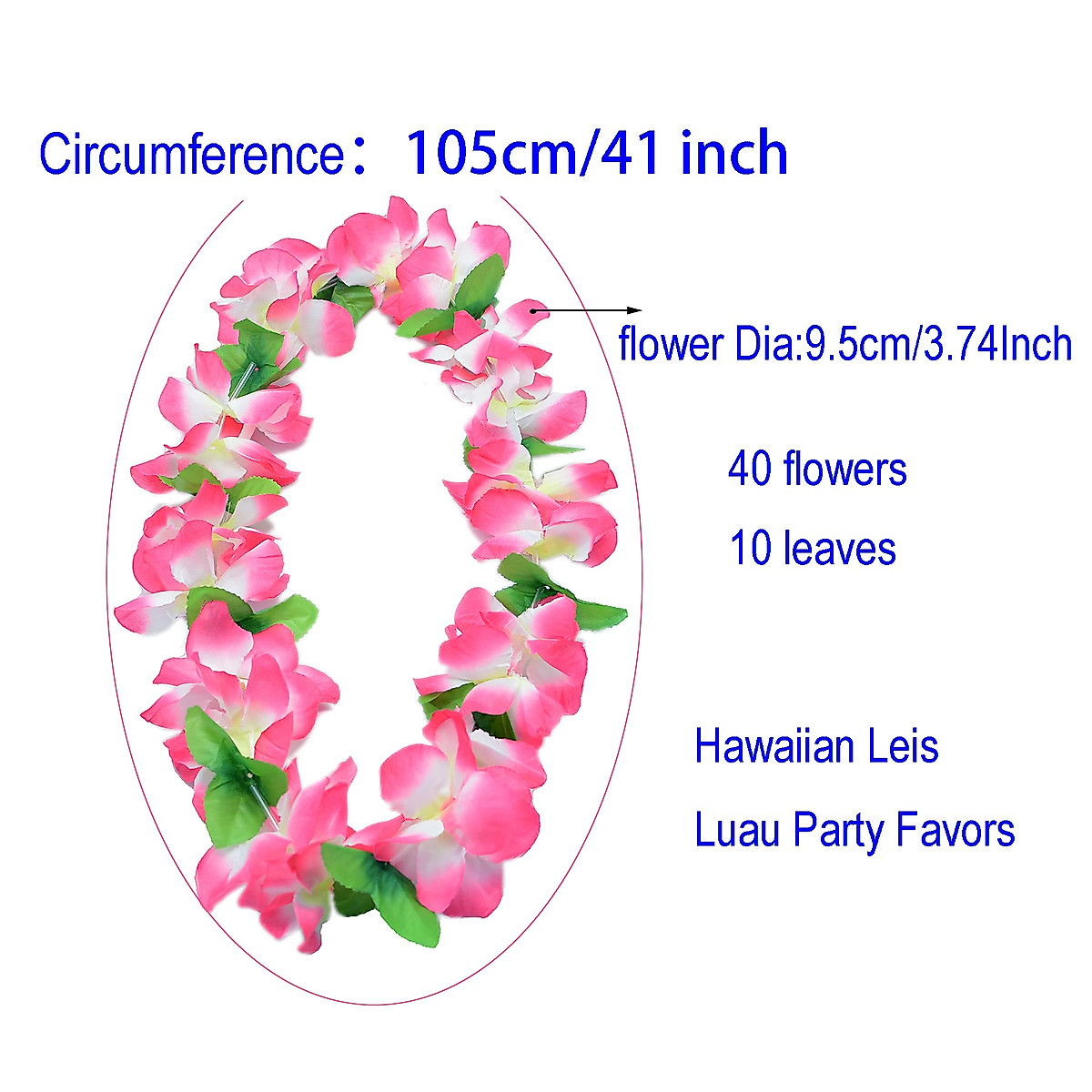 6 Pcs Thicken 41 Inch Hawaiian Leis with Green Leaves, 3 Color Lei for Graduation Party, Dance Party, Photo Prop in Outdoors(New 3 colors)