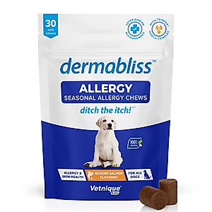 Vetnique Labs Dermabliss Seasonal Dog Allergy Chews (30ct) & Glandex Anal Gland Support Powder with Pumpkin for Dogs (5.5oz Beef) Bundle