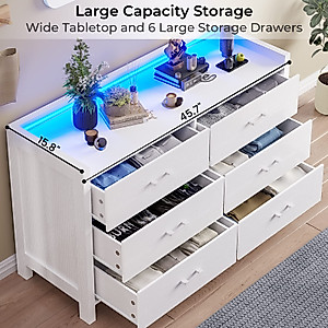 Hasuit White Dresser for Bedroom with LED Lights, Large Capacity Wooden Storage Cabinet, Chest of 6 Drawers, 6 Drawer Dresser for Hallway, Entryway