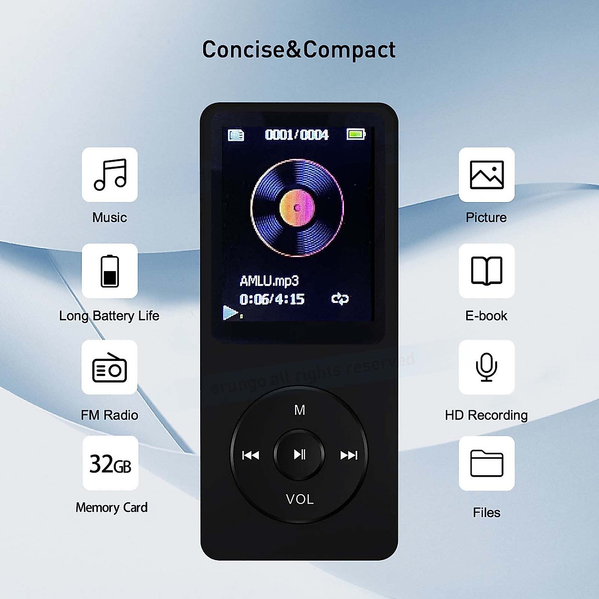 MP3 Player 32GB with Speaker Earphone Portable HiFi Lossless Sound MP3 Mini Music Player Voice Recorder E-Book HD Screen 1.8 inch Black Support up to 128GB