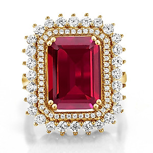 Gem Stone King 18K Yellow Gold Plated Silver Red Created Ruby Ring For Women (5.60 Cttw, Emerald Cut 14X10MM, Available In Size 5, 6, 7, 8, 9)