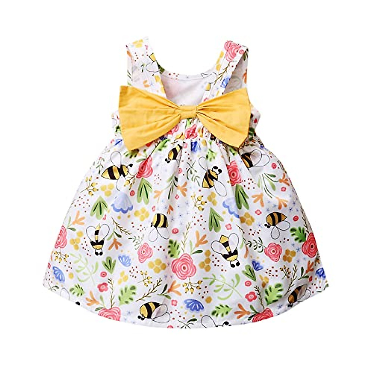 Toddler Girls Patchwork Bowknot Dress Bee Floral Prints Sleeveless Dresses Casual Soft Ruffle Swing Clothes (Yellow, 9-12 Months)