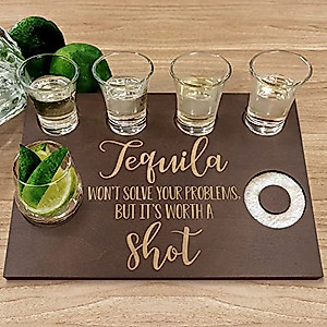 Huray Rayho Tequila Shot Board Serving Tray Huray Rayho Shot Glass Holder Display and Storage Shot Glasses with Salt Rim Bar Wooden Tray for Liquor Birthday Party Wedding Housewarming Men Women Gifts