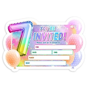 Simimi Art 7th Birthday Invitation Cards with Envelopes, Girl Balloon Theme, 30 Pack, 6.06 x 4 Inch
