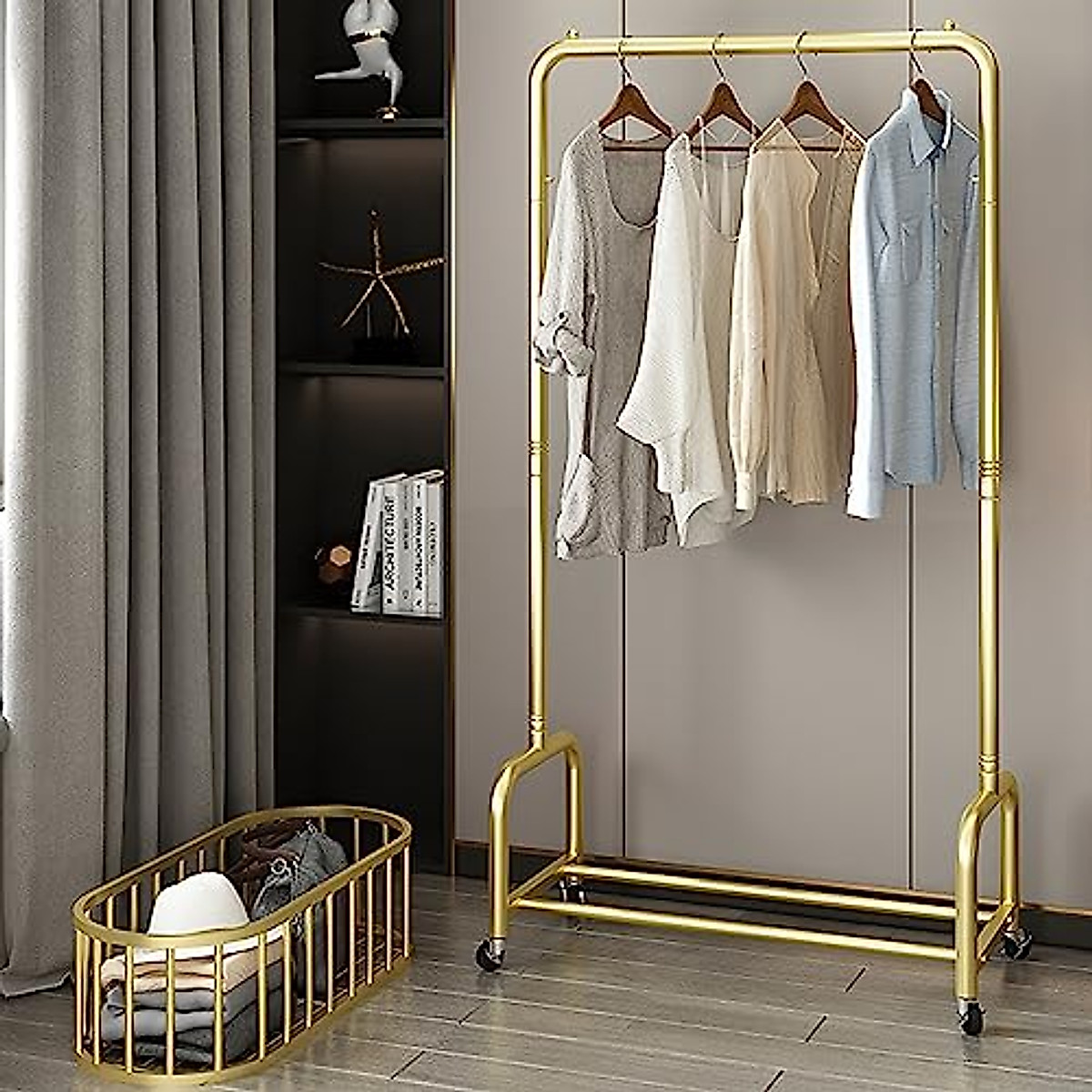 KDFWYDS Metal Coat Rack Stand with Basket Free Standing Garment Rail with 360° Wheels Clothes Rack for Hall, Entryway, Bathroom and Living Room (Color : Gold, Size : 60cm)