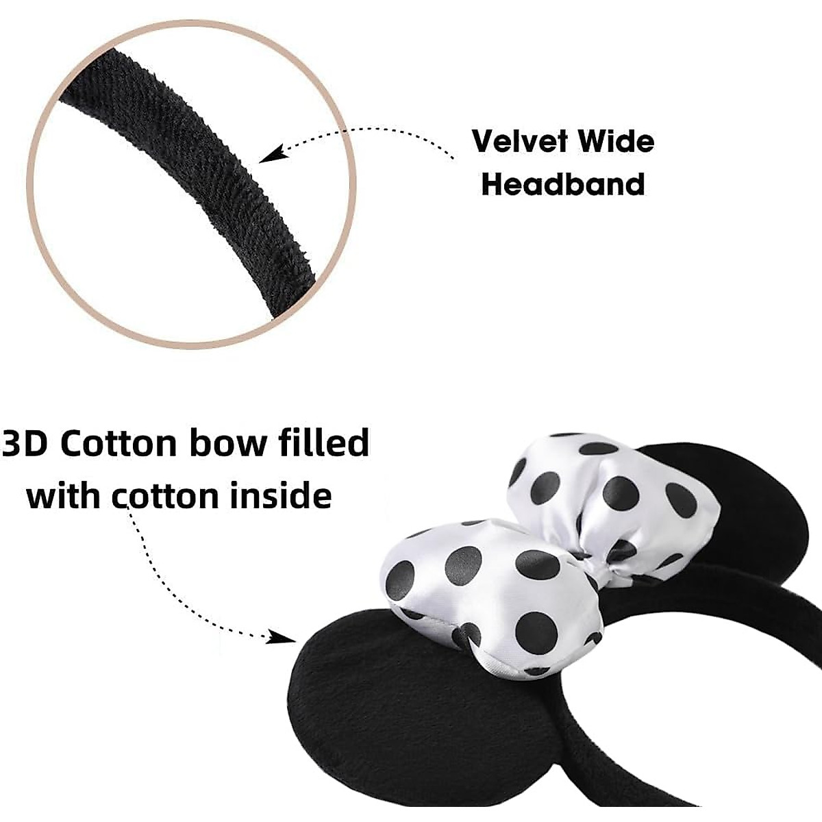 JIAHANG 3D Polka Dot Mouse Ear Hair Bow Headband,Velvet Amusement Photography Headband, Costume Headwear for Women Girls (3D satin white)