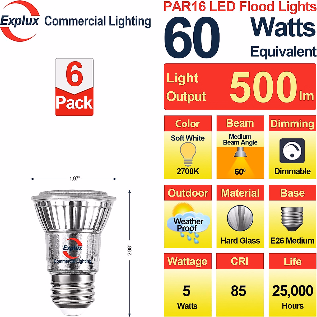 Explux LED PAR16 Long Neck Spotlight Bulbs, Dimmable, 60W Equivalent 500 Lumens, Classic Full Glass, 2700K Soft White, 6-Pack