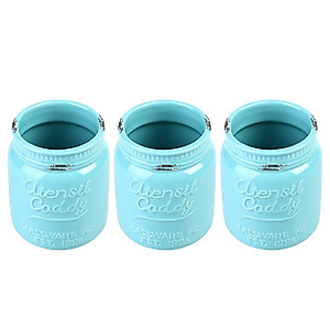 MyGift Aqua Blue Ceramic Mason Jar Flatware Holder Storage Organizer with Decorative Embossed Utensil Caddy Word Design, Farmhouse Kitchen Decor, Set of 3