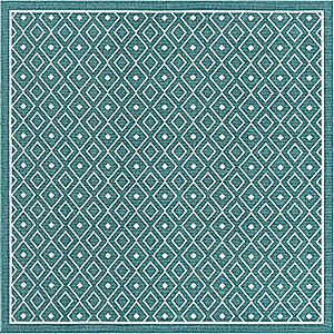 Unique Loom Outdoor Trellis Collection Area Rug Geometric Diamonds Flatweave Design, Tribal Inspired for Indoor/Outdoor Décor (7' 10 x 7' 10 Square, Teal)