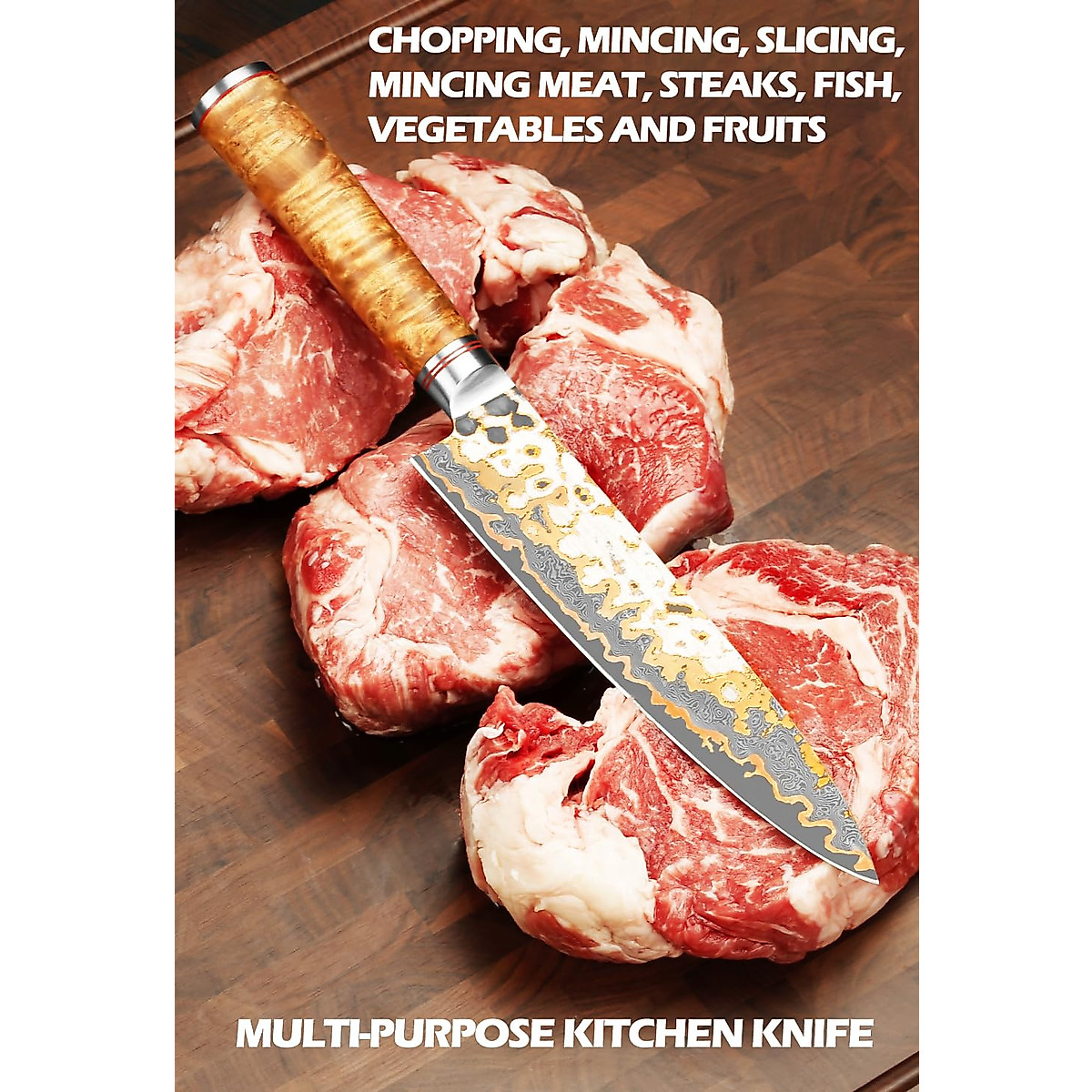 YOUSUNLONG Chef Knife - 8'' Blade Japanese Handmade Copper Damascus Steel - Professional Chef's Knife - Razor Sharp Slicing Knife - Naturel Burl Wooden Handle with Leather and Acacia Wood Box